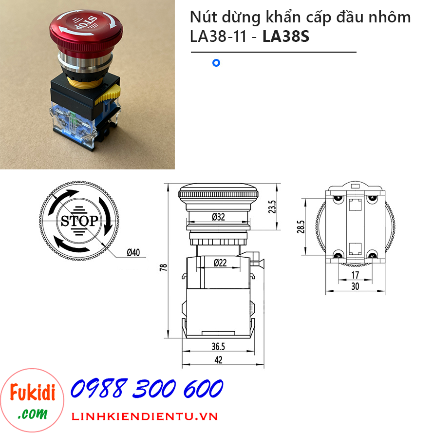 Nút dừng khẩn cấp LA38-11 đầu nhôm - LA38S - FUKIDI